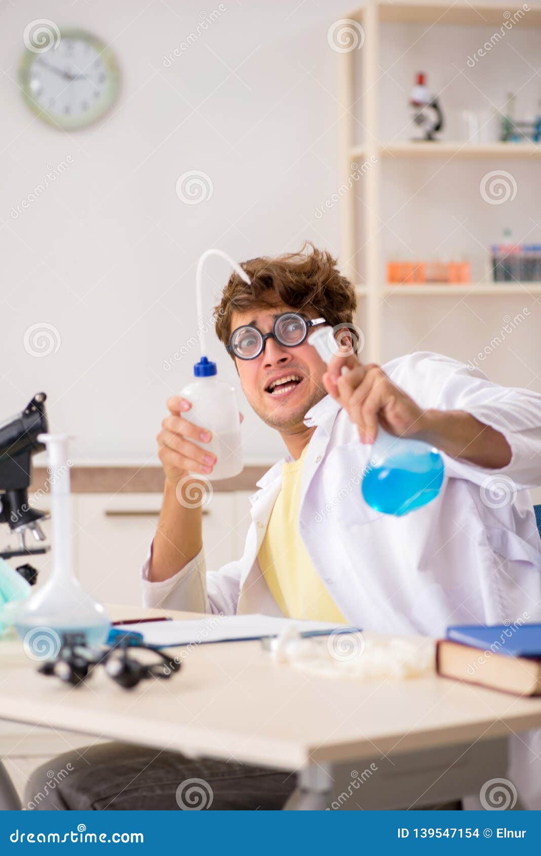 The Funny Crazy Chemist Doing Experiments and Tests Stock Photo - Image ...