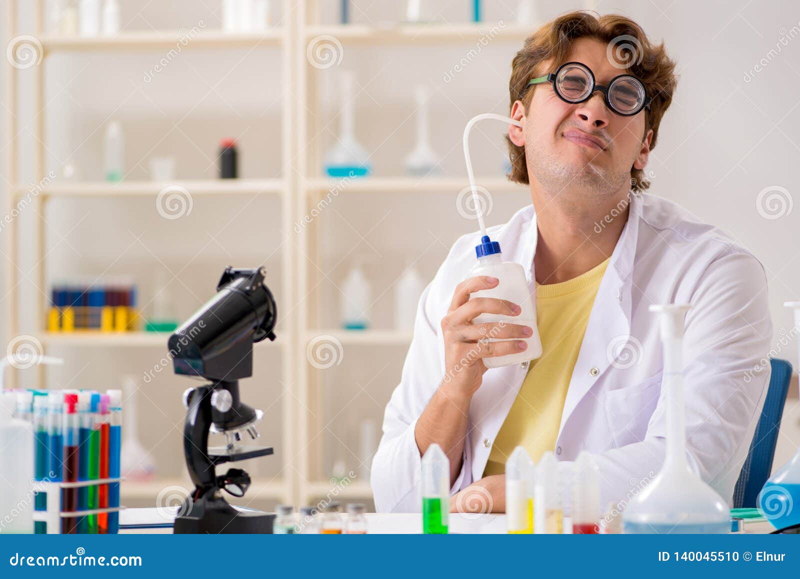 The Funny Crazy Chemist Doing Experiments and Tests Stock Photo - Image ...