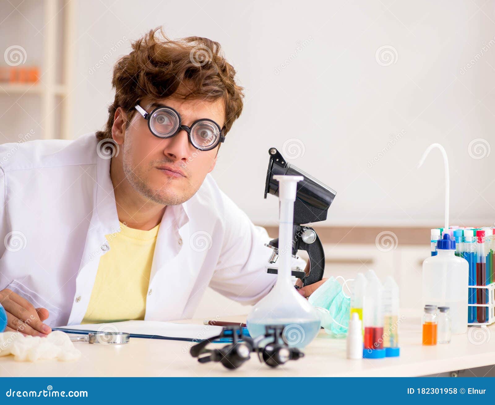 Funny Crazy Chemist Doing Experiments and Tests Stock Photo - Image of ...