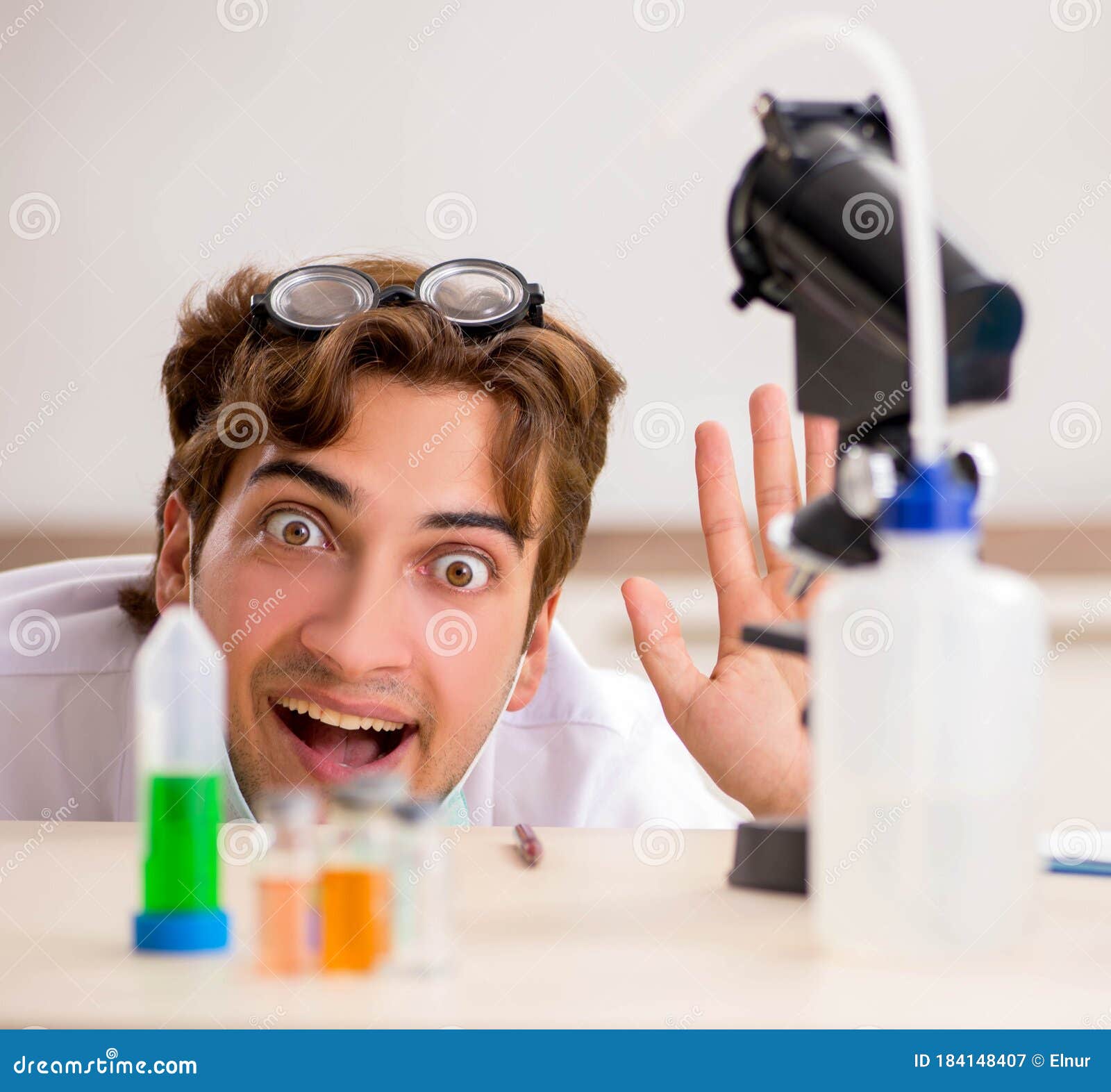 Funny Crazy Chemist Doing Experiments and Tests Stock Image - Image of ...