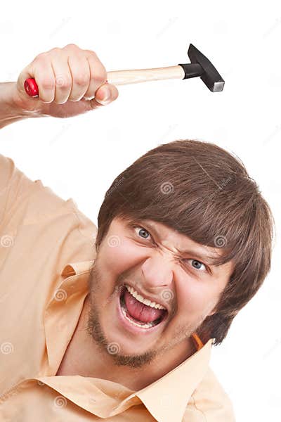 Funny Crazy Guy with a Hammer Stock Image - Image of casual ...