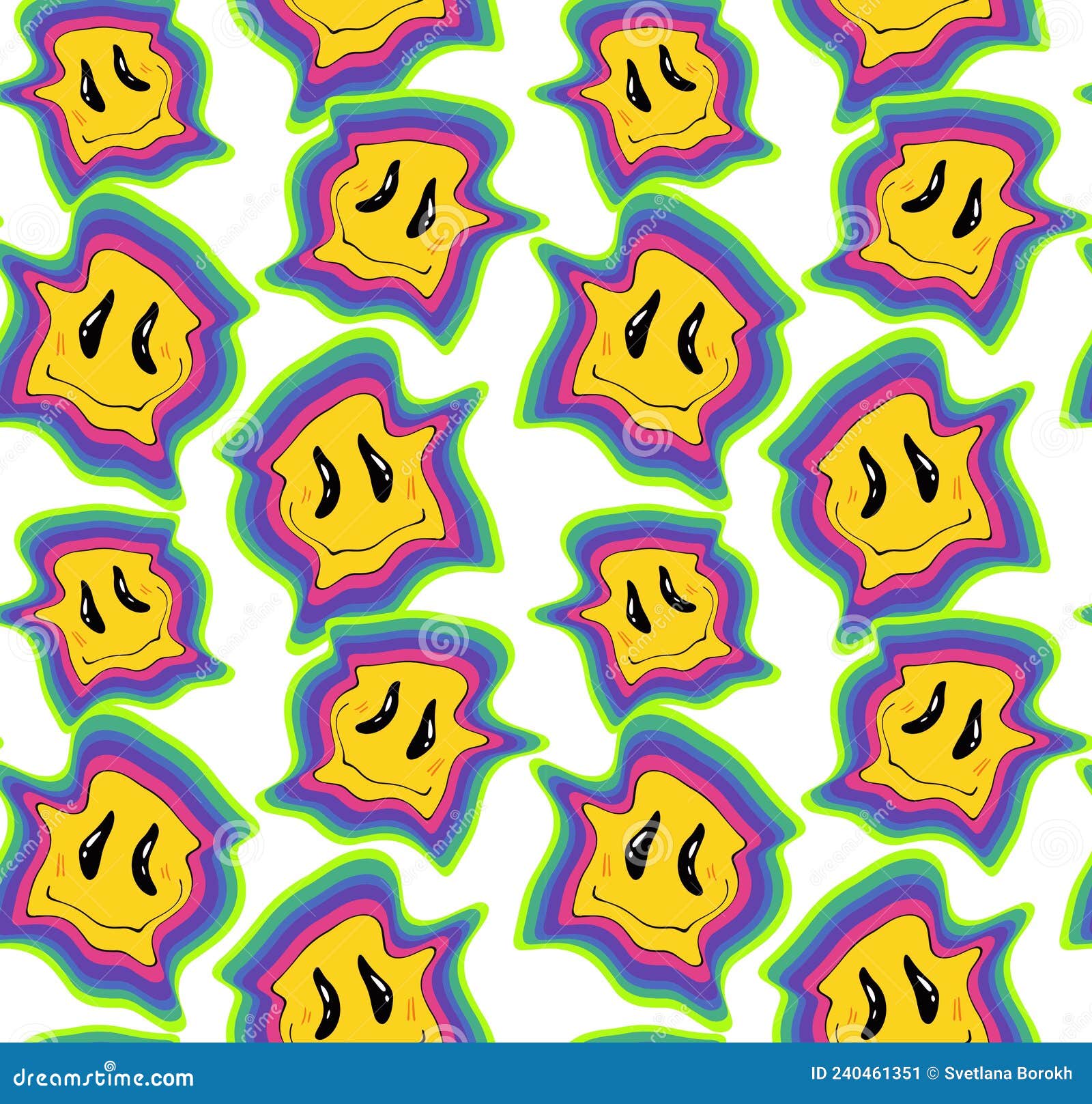 Funny Crazy Melt Smile Smiley Faces, Seamless Pattern. Hippie Groovy ...
