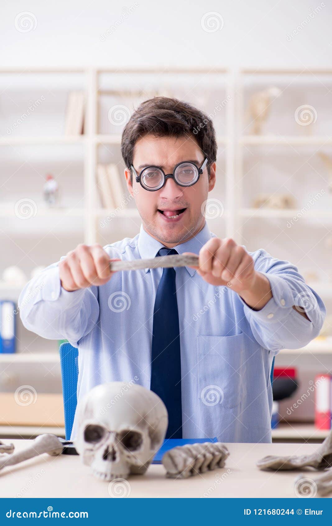 The Funny Crazy Professor Studying Human Skeleton Stock Photo - Image ...
