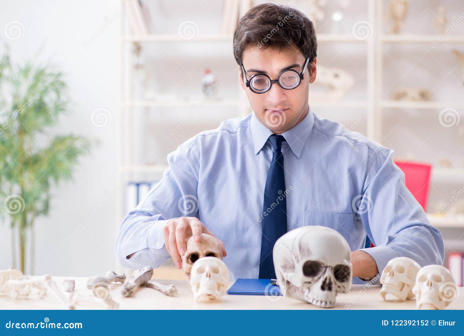 The Funny Crazy Professor Studying Human Skeleton Stock Photo - Image ...