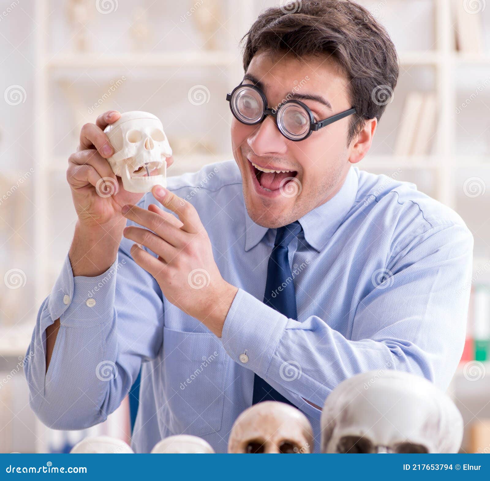 Funny Crazy Professor Studying Human Skeleton Stock Photo - Image of ...