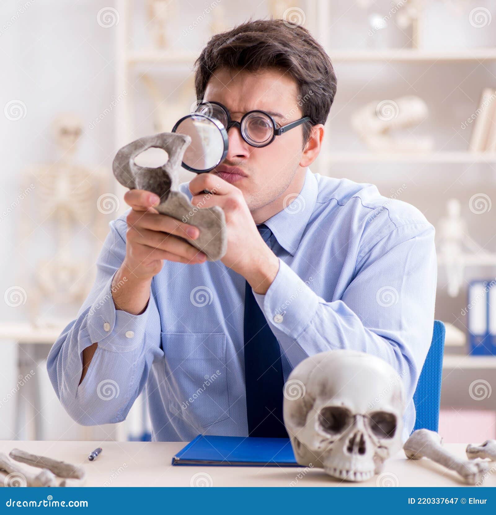 Funny Crazy Professor Studying Human Skeleton Stock Image - Image of ...