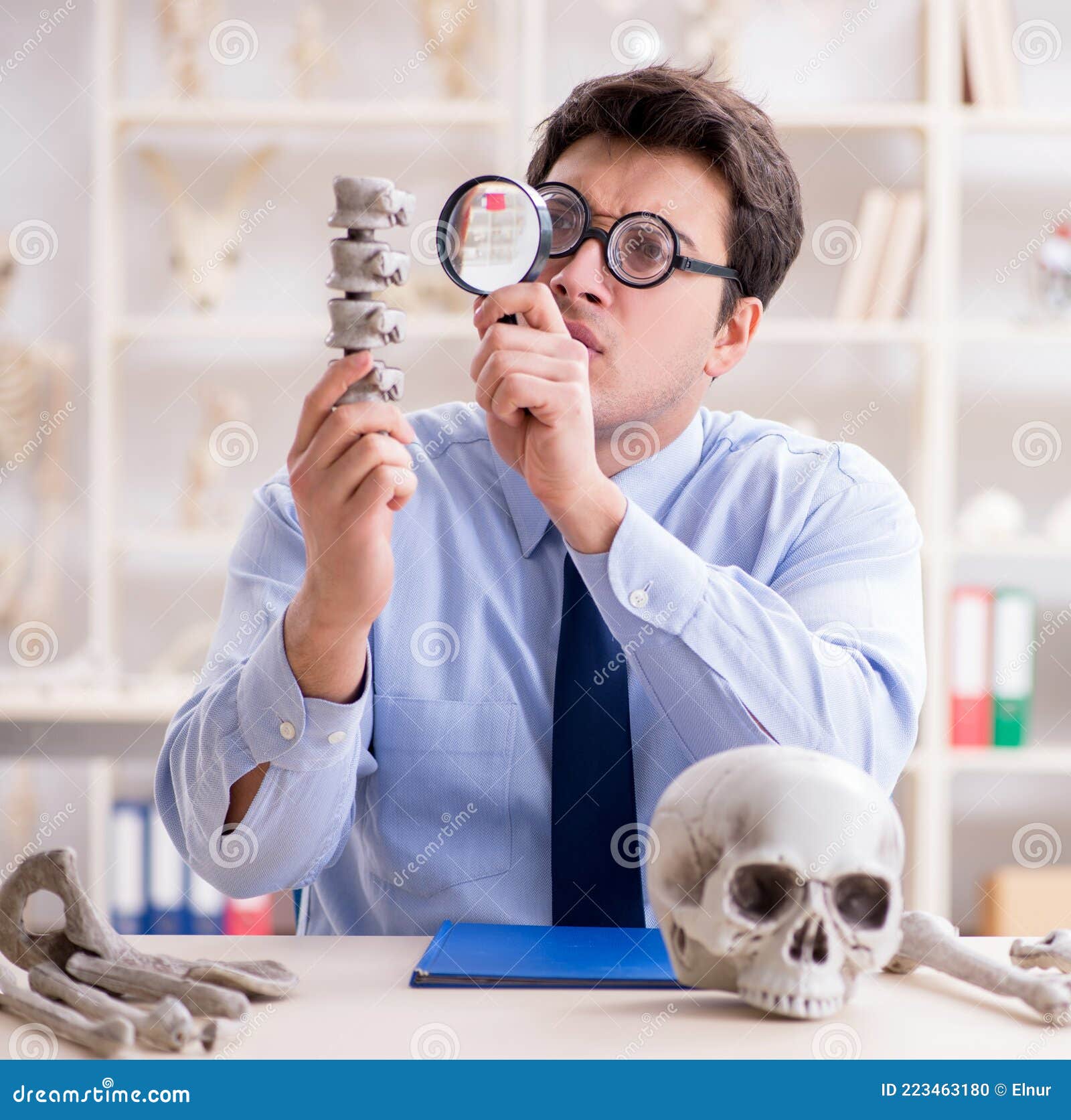 Funny Crazy Professor Studying Human Skeleton Stock Photo - Image of ...