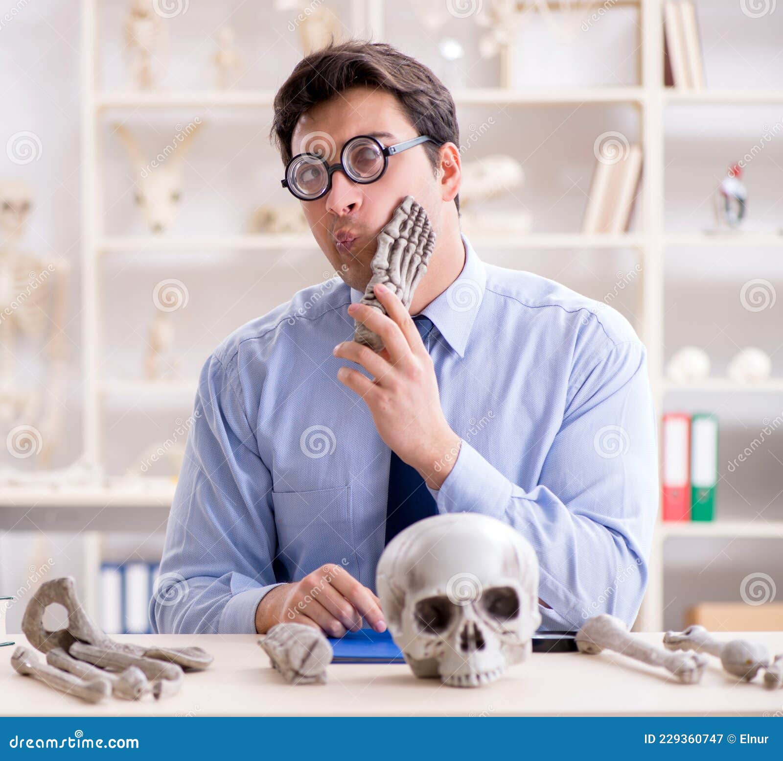 Funny Crazy Professor Studying Human Skeleton Stock Image - Image of ...