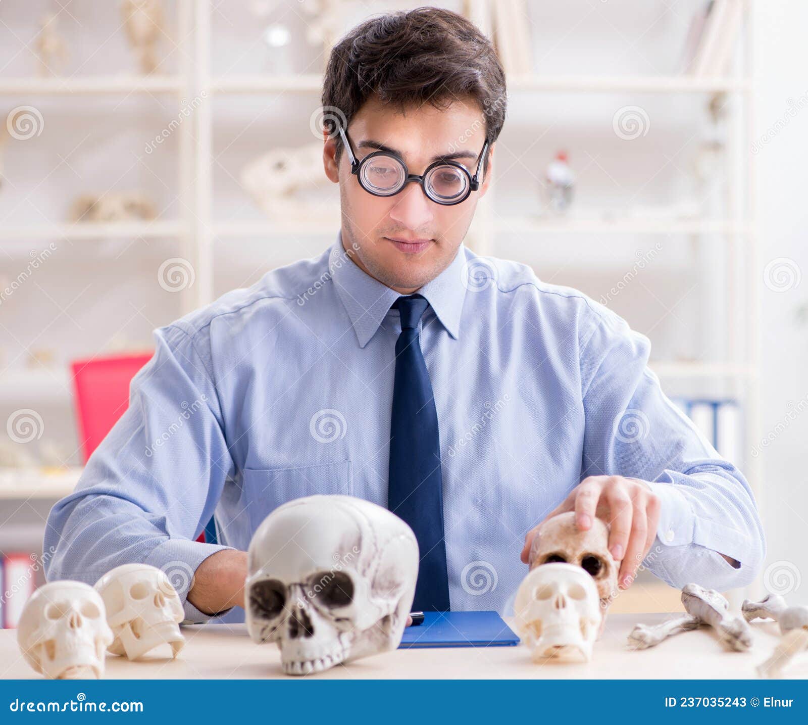 Funny Crazy Professor Studying Human Skeleton Stock Image - Image of ...