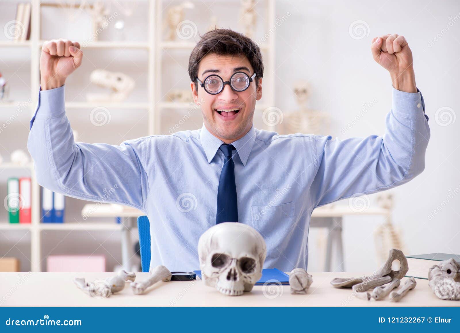 The Funny Crazy Professor Studying Human Skeleton Stock Image - Image ...