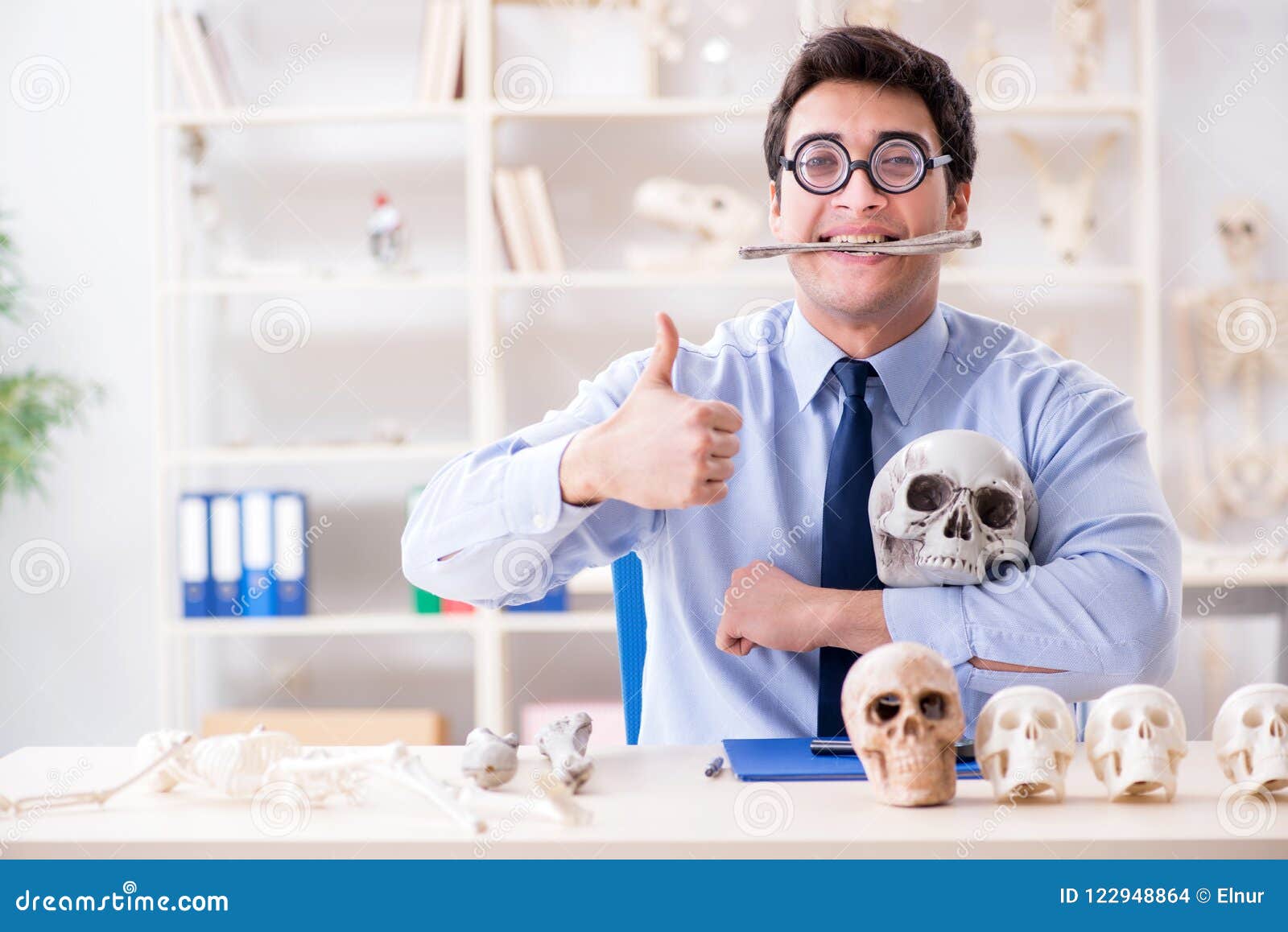 The Funny Crazy Professor Studying Human Skeleton Stock Photo - Image ...