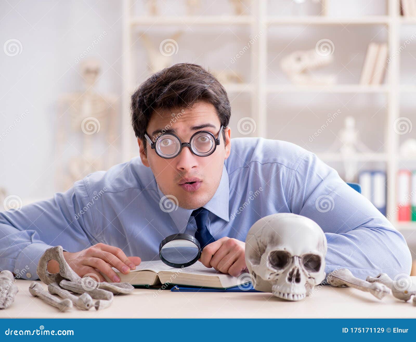 Funny Crazy Professor Studying Human Skeleton Stock Image - Image of ...