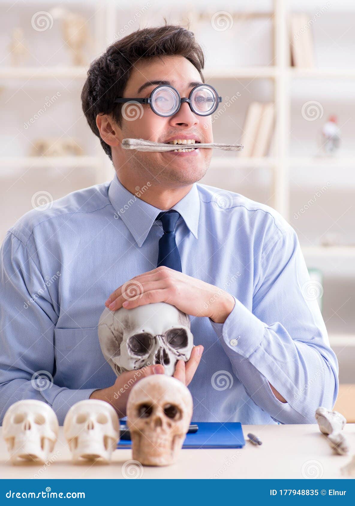 Funny Crazy Professor Studying Human Skeleton Stock Image - Image of ...