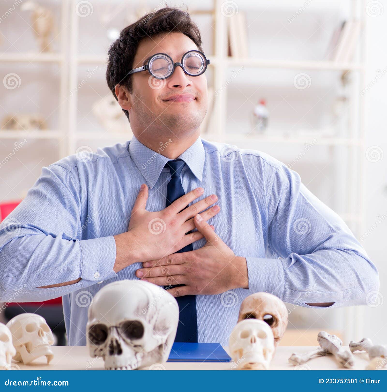Funny Crazy Professor Studying Human Skeleton Stock Image - Image of ...