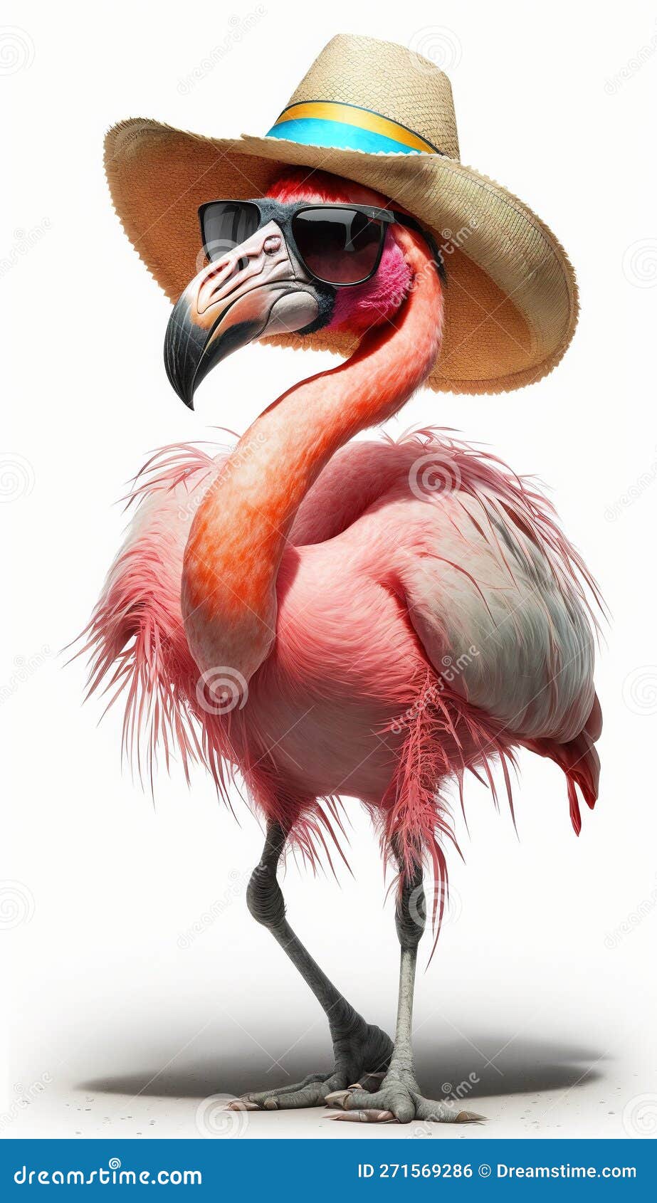 Funny Crazy Summer Pink Flamingo Wearing Sunglasses And Hat Isolated