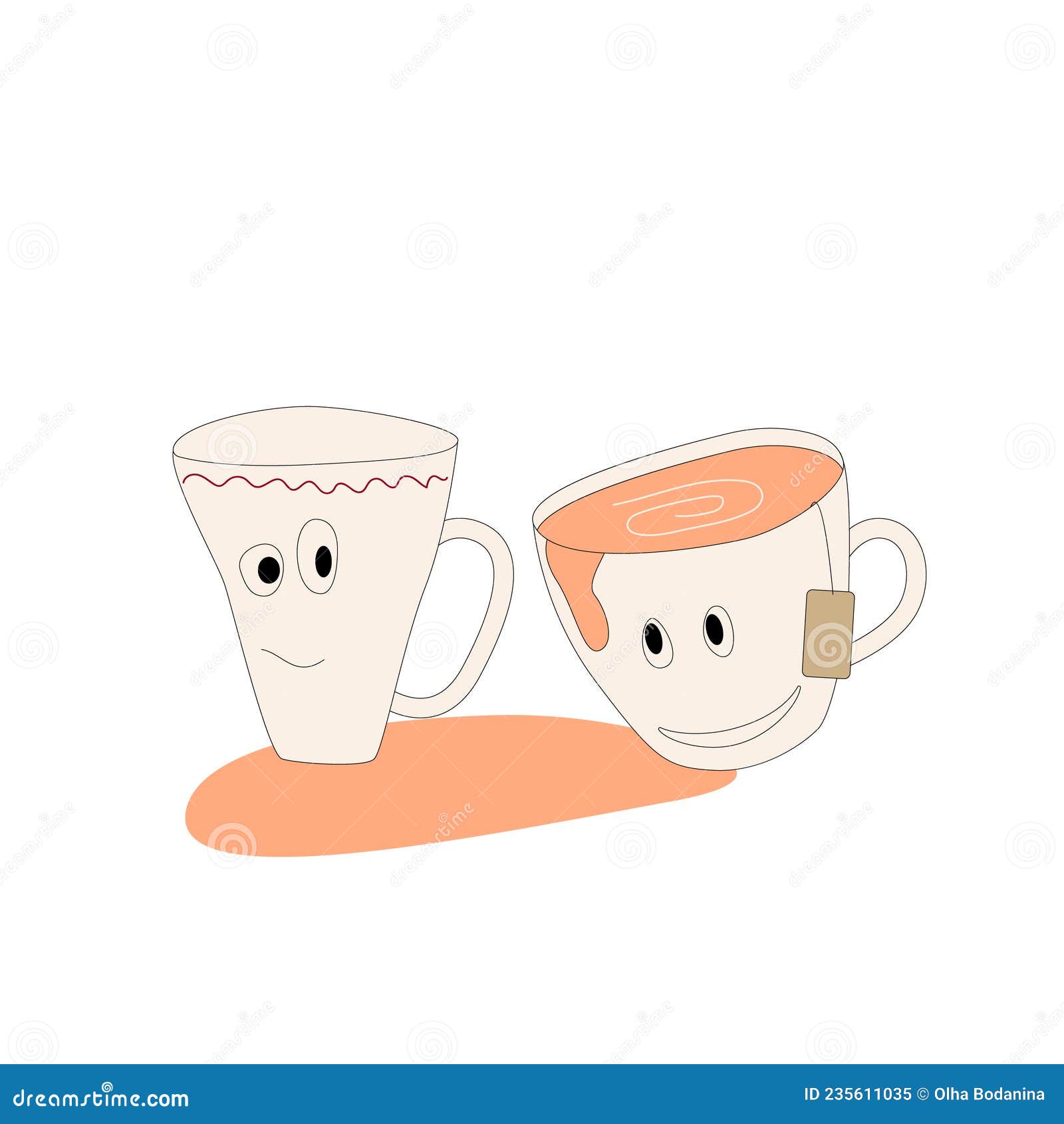 Funny Cups of Tea with a Smiling Face. Stock Vector - Illustration of ...