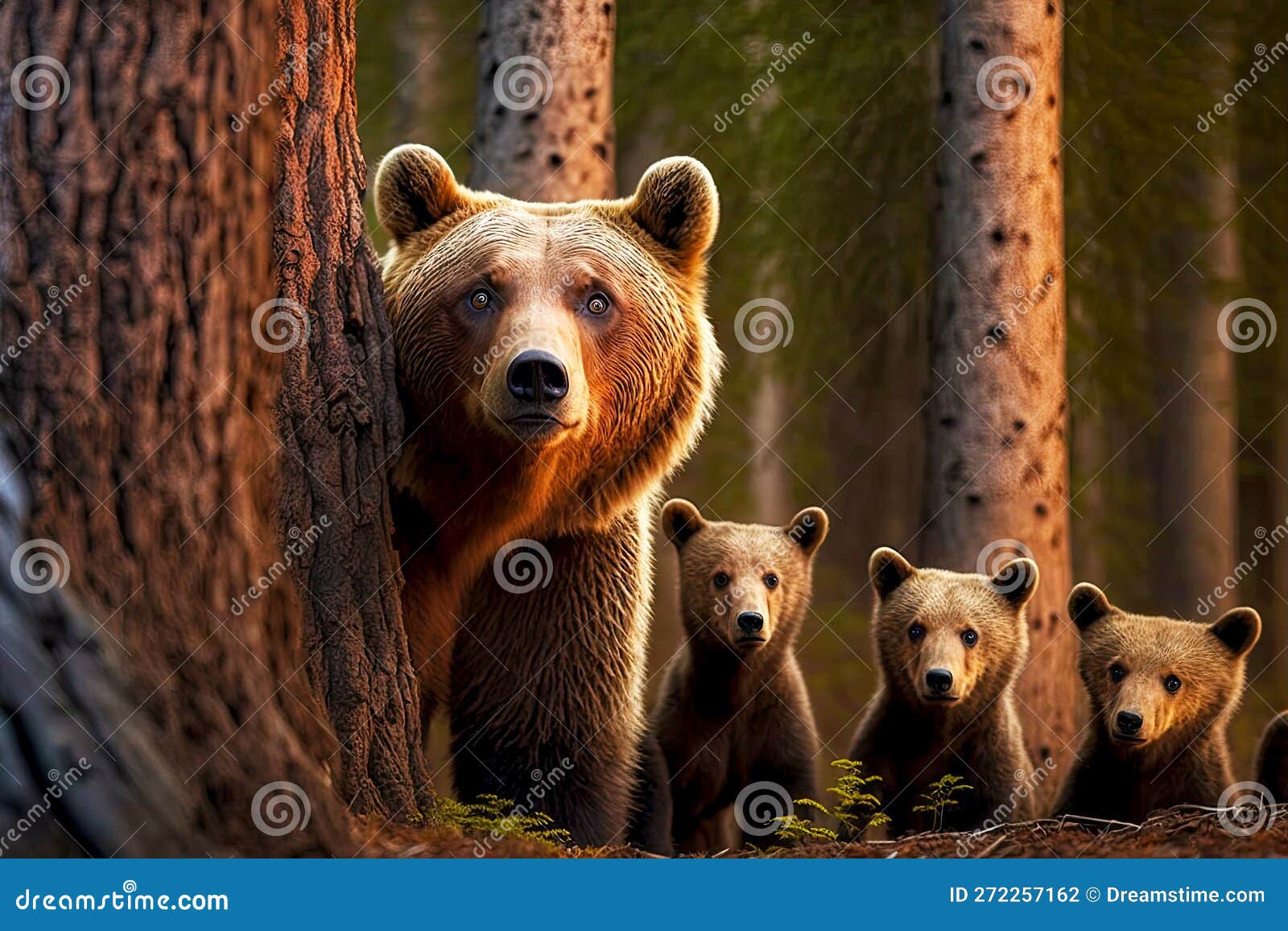 Funny Curious Bear with Cubs Peeks into Camera Stock Illustration ...