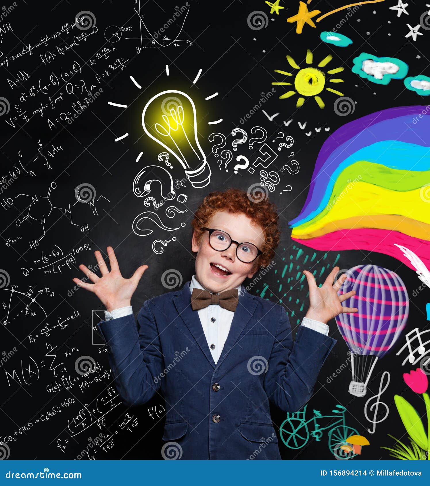 Funny Curious Kid and Hand Drawn Doodle School Background Stock Photo ...