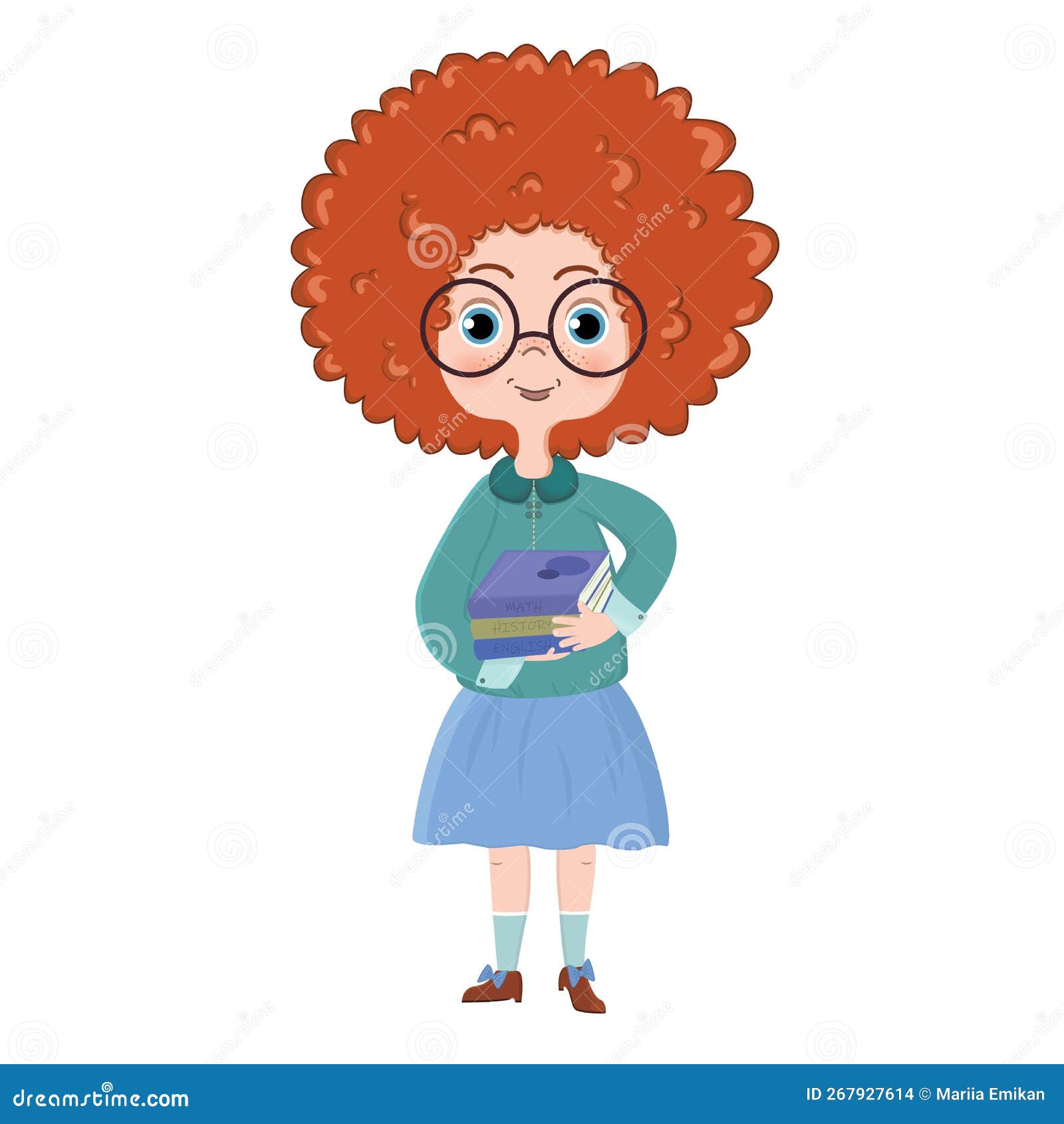 Smart Red Haired Girl With Glasses And Books Stock Vector
