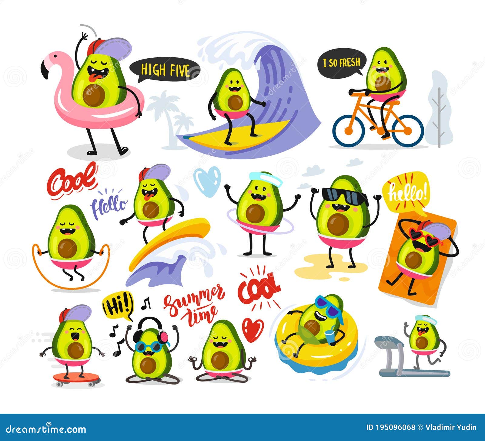 Funny Cute Avocado Large Set with Text Stock Vector - Illustration of ...