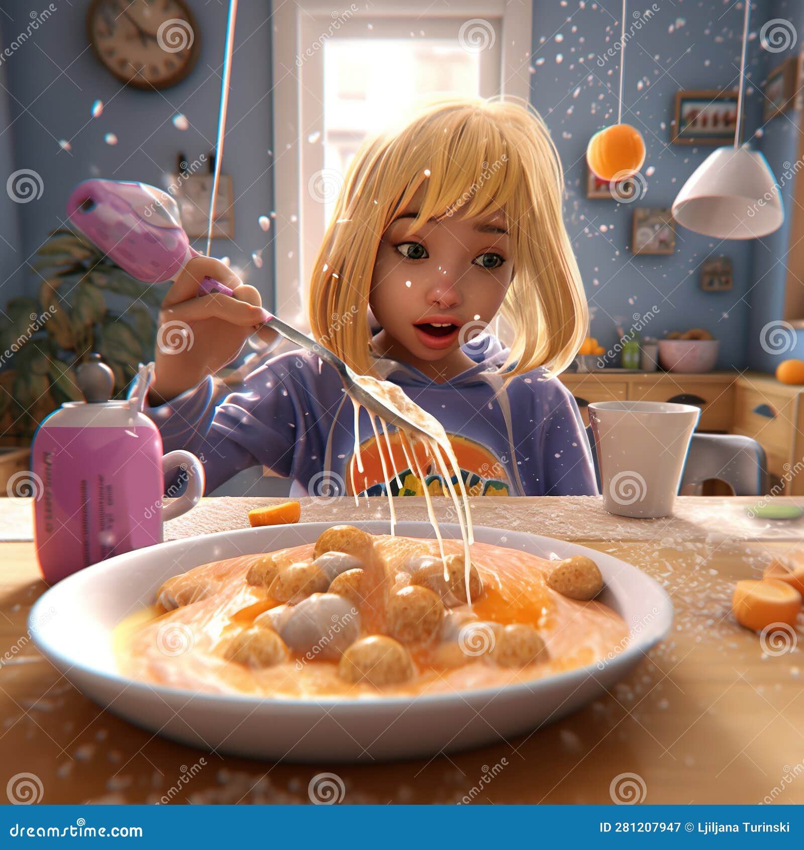 Funny Cute Girl Eats Breakfast.3d Illustration Stock Illustration ...
