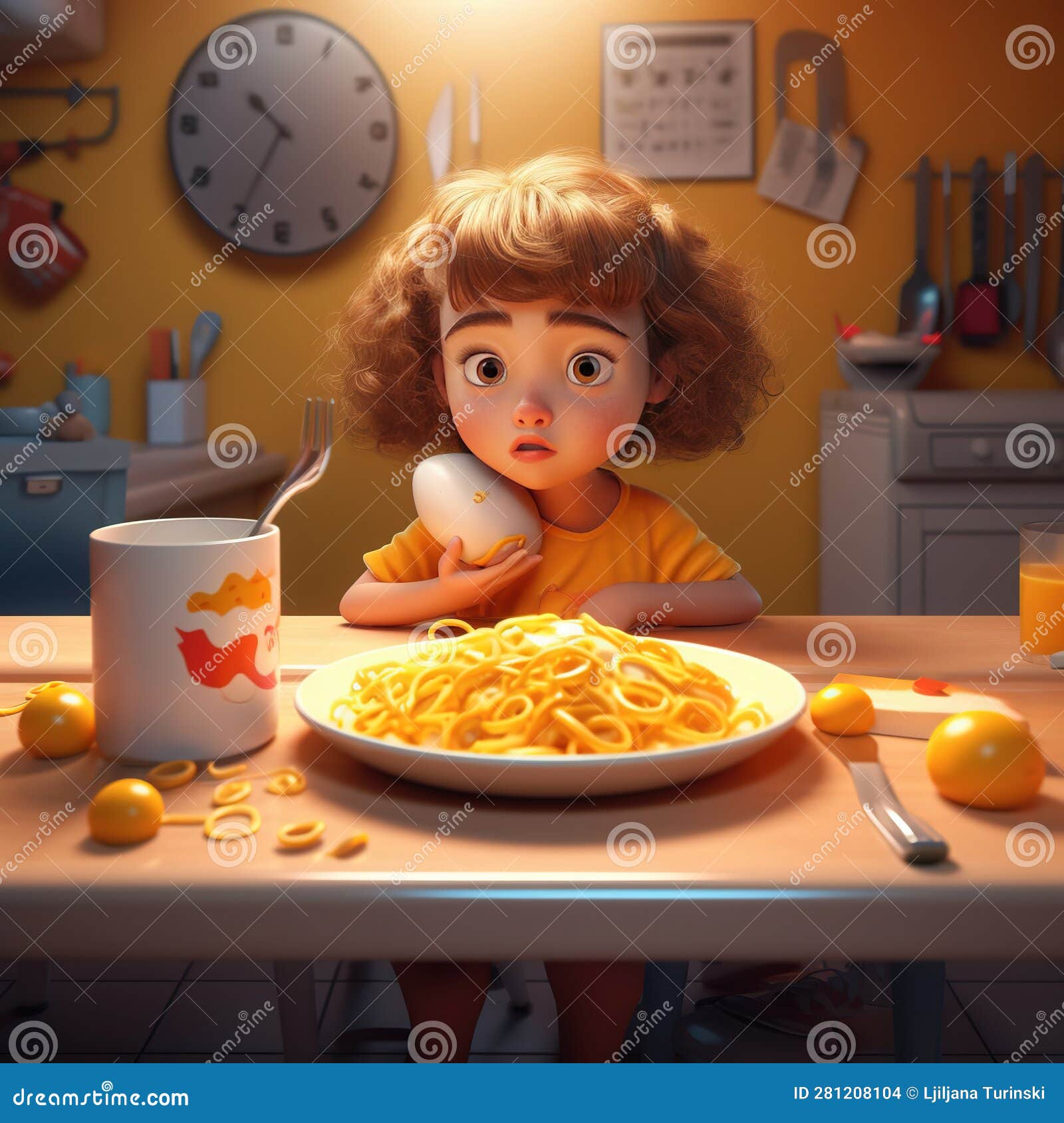 Funny Cute Girl Eats Breakfast.3d Illustration Stock Illustration ...