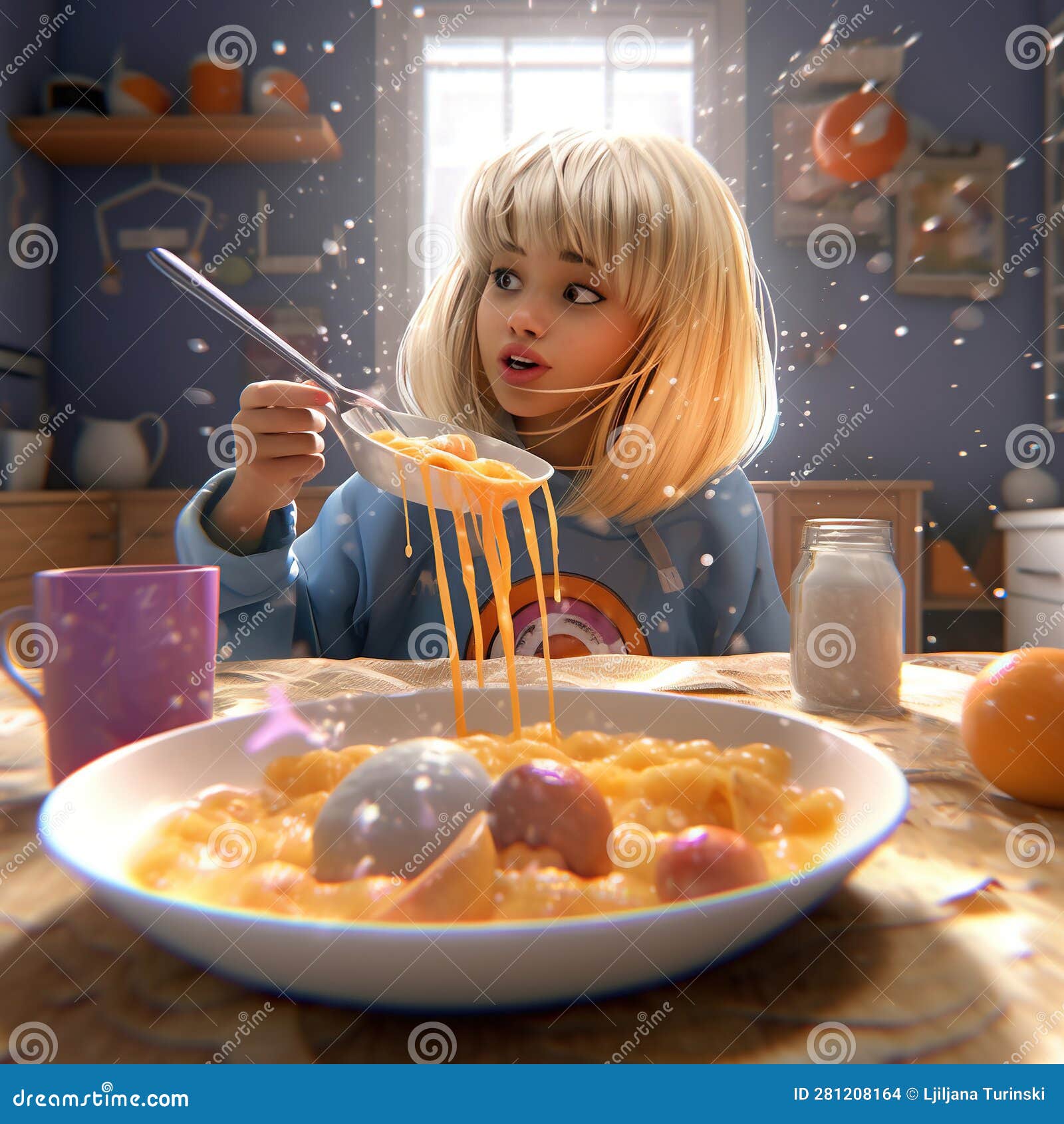 Funny Cute Girl Eats Breakfast.3d Illustration Stock Illustration ...