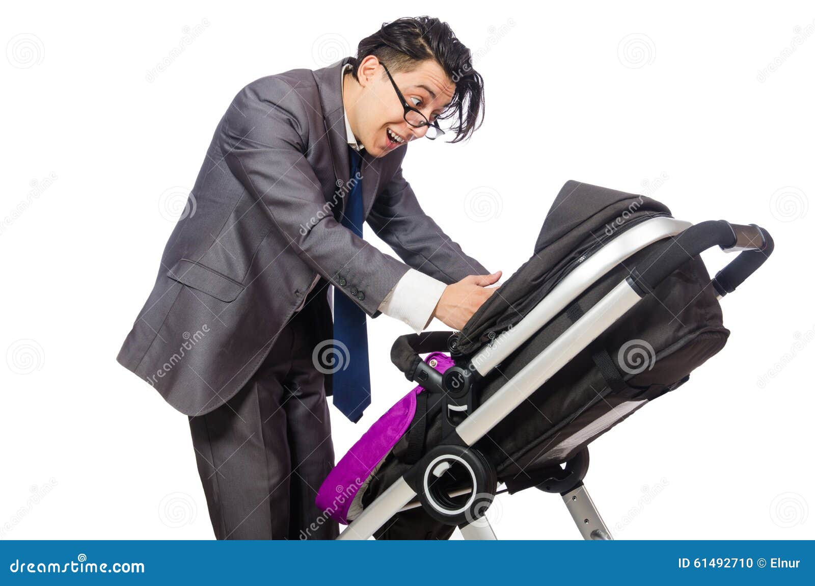 The Funny Dad with Baby and Pram on White Stock Photo - Image of father ...