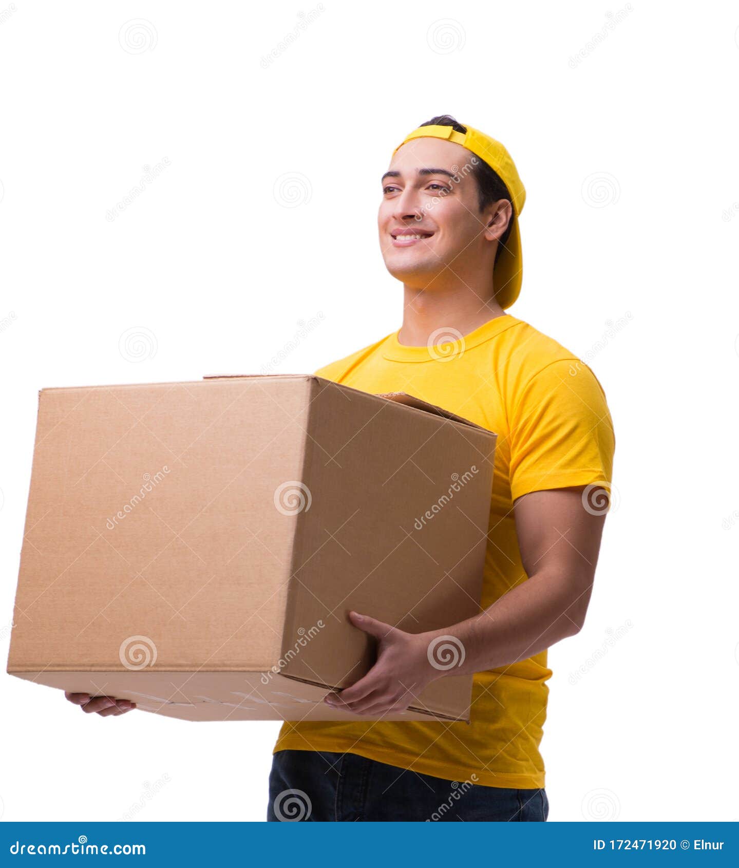 Funny Delivery Boy with Box Isolated on White Stock Photo - Image of ...