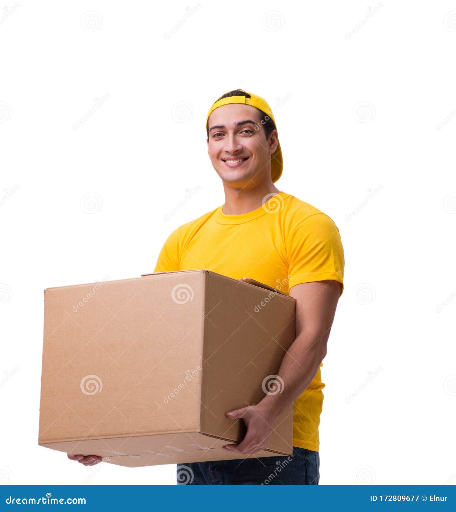 Funny Delivery Boy with Box Isolated on White Stock Image - Image of ...