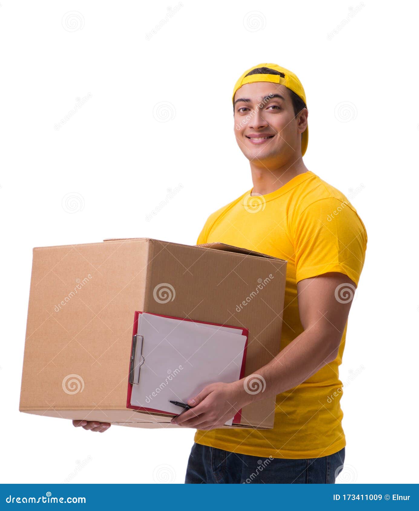 Funny Delivery Boy with Box Isolated on White Stock Image - Image of ...
