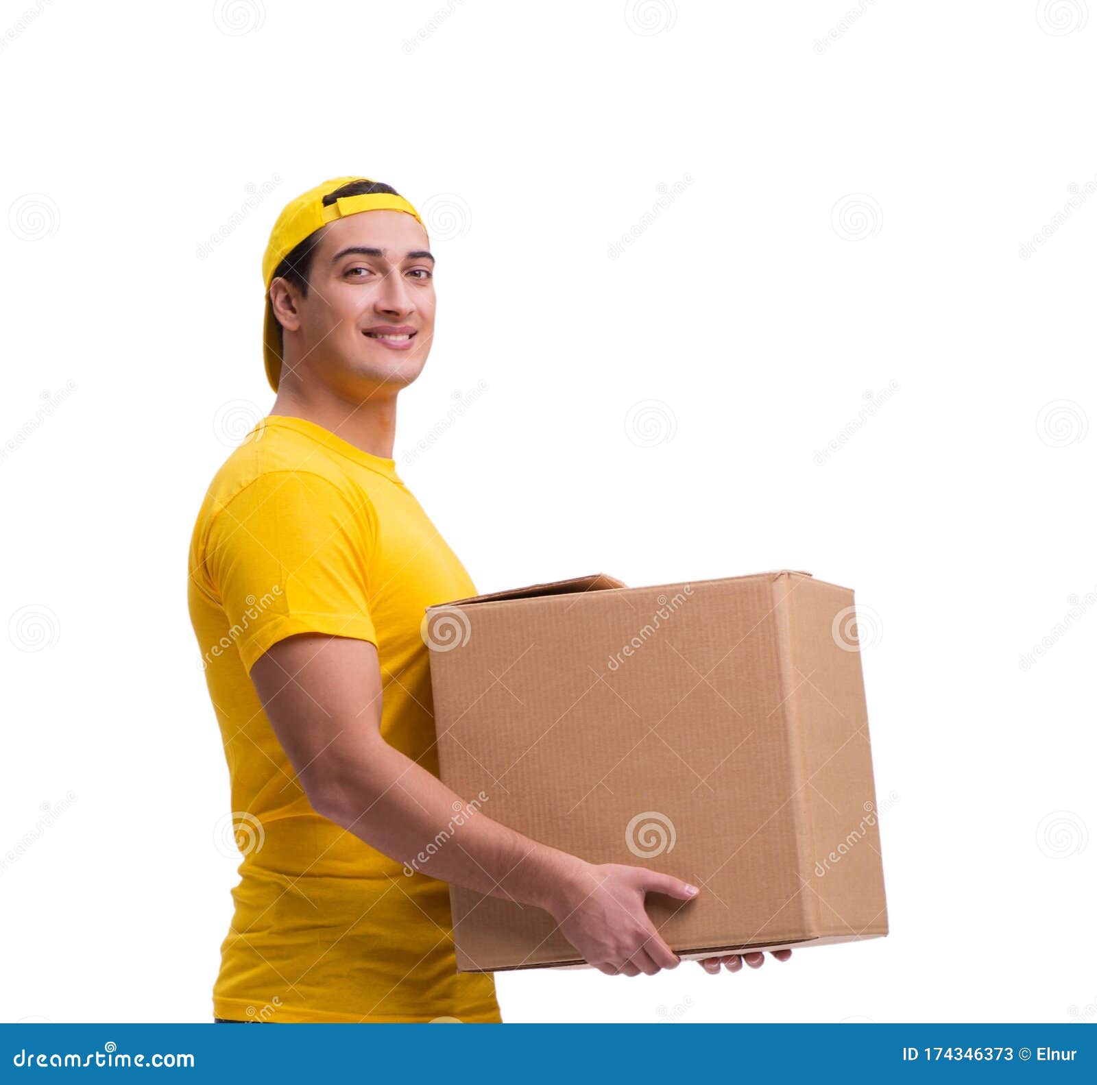 Funny Delivery Boy with Box Isolated on White Stock Image - Image of ...