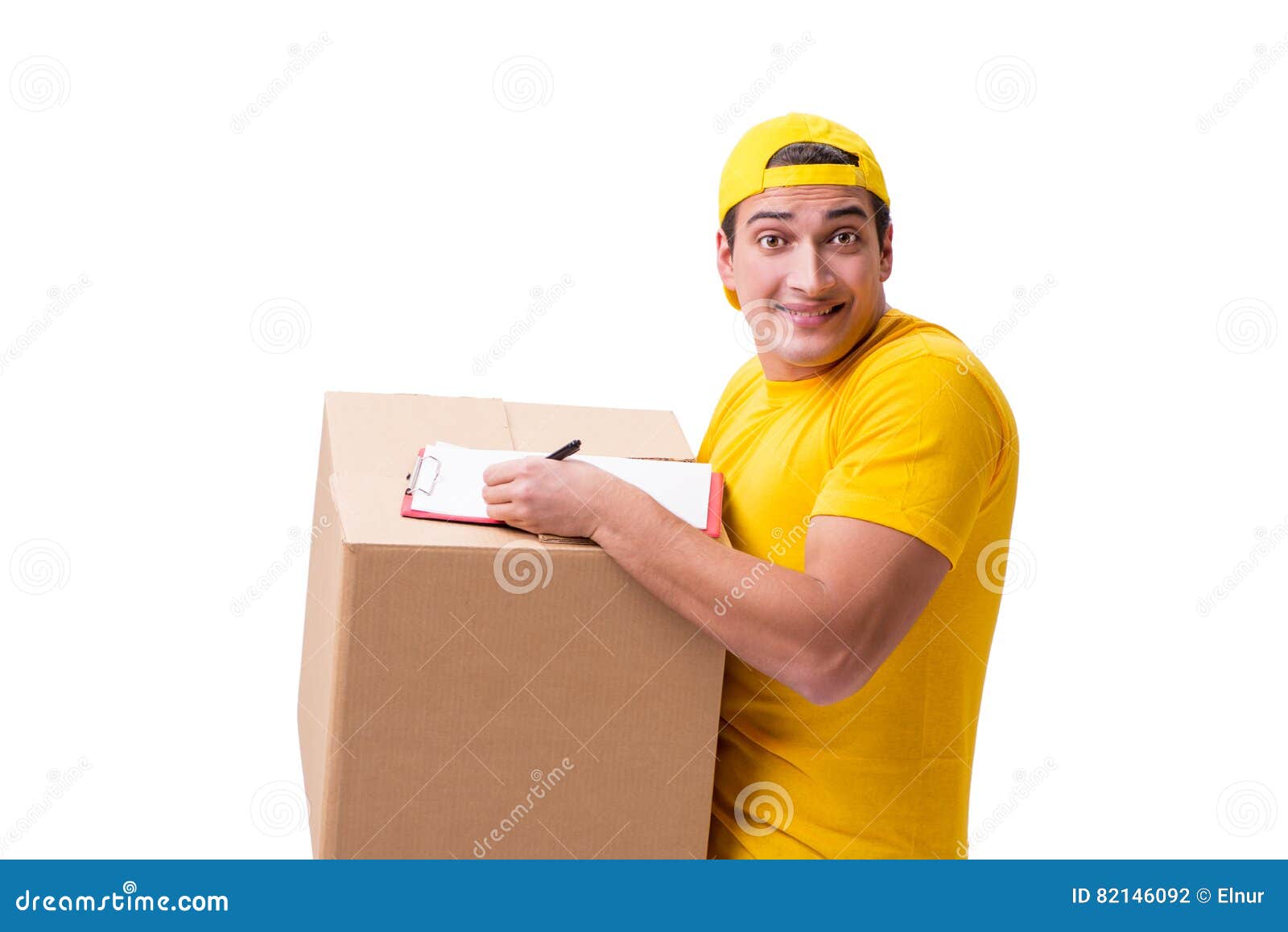 The Funny Delivery Boy with Box Isolated on White Stock Photo - Image ...