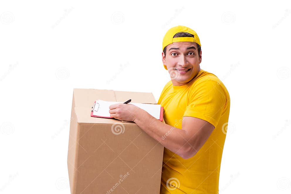 The Funny Delivery Boy with Box Isolated on White Stock Photo - Image ...