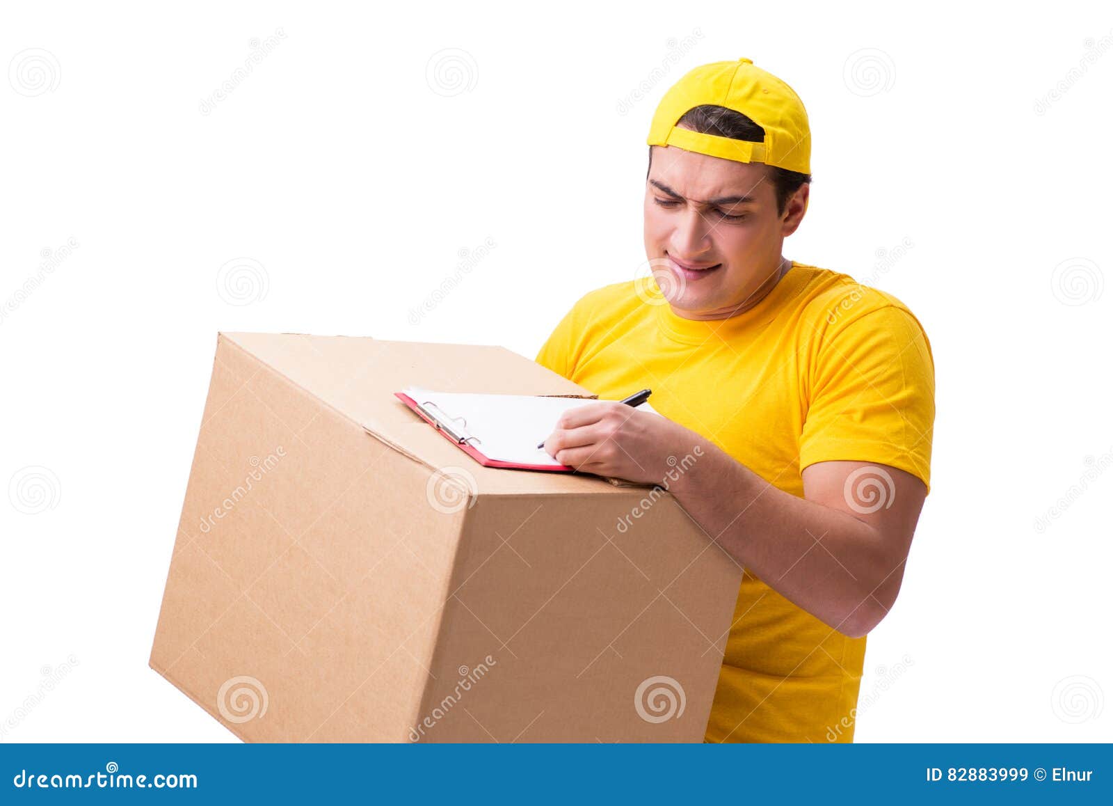 The Funny Delivery Boy with Box Isolated on White Stock Image - Image ...