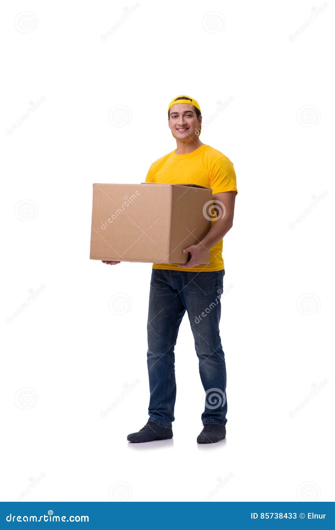 The Funny Delivery Boy with Box Isolated on White Stock Image - Image ...