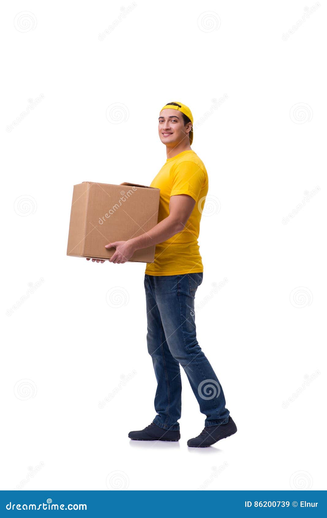 The Funny Delivery Boy with Box Isolated on White Stock Image - Image ...