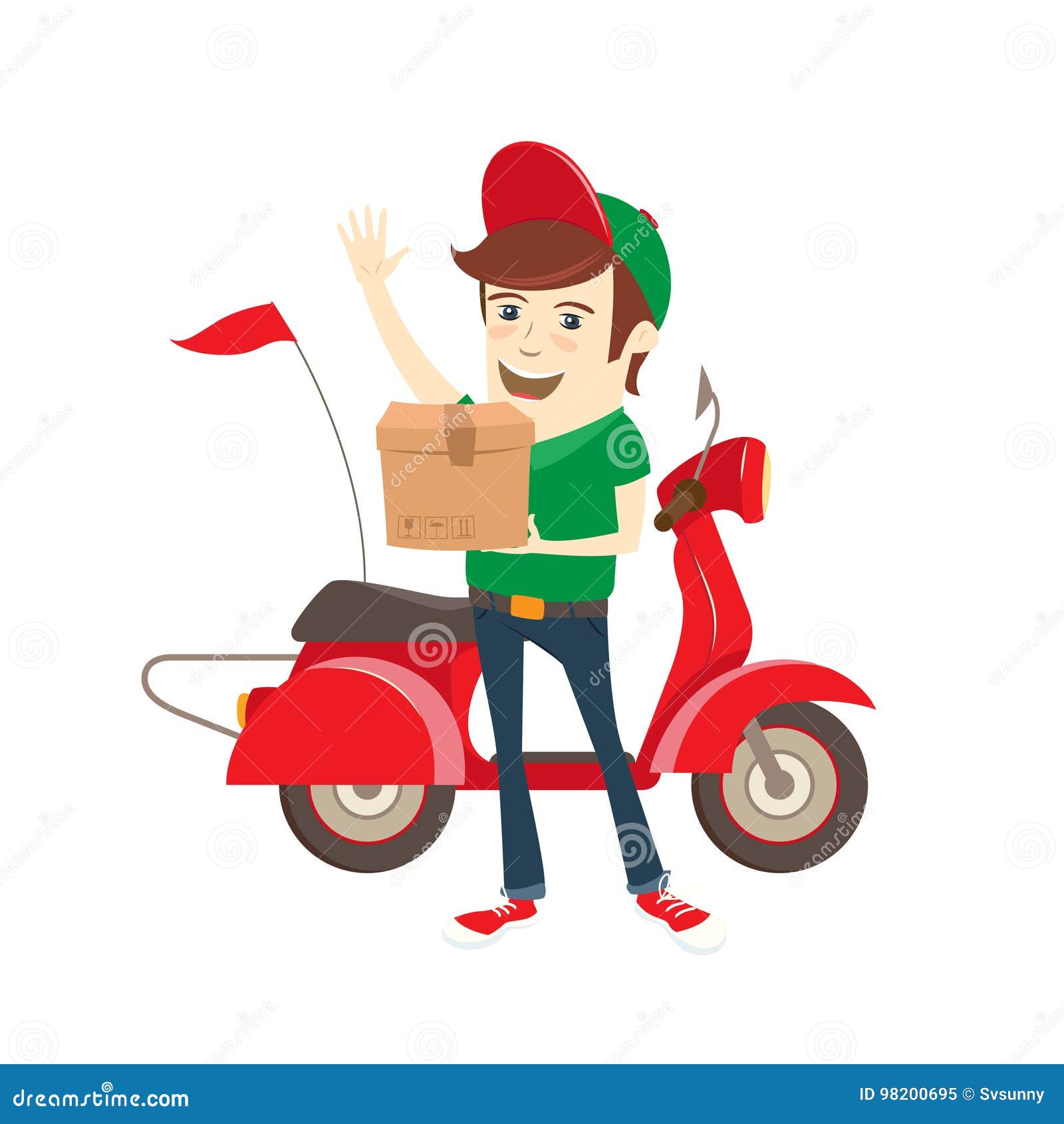Funny Delivery Boy Delivering Box by Scooter. Flat Vector Illustration ...