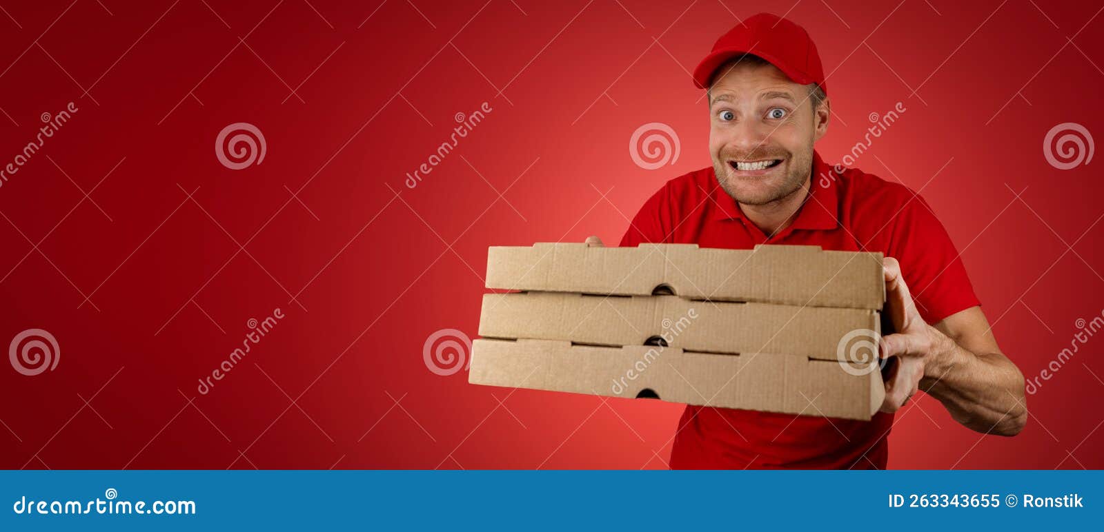 Funny Delivery Man with Pizza Boxes on Red Background. Banner with Copy ...