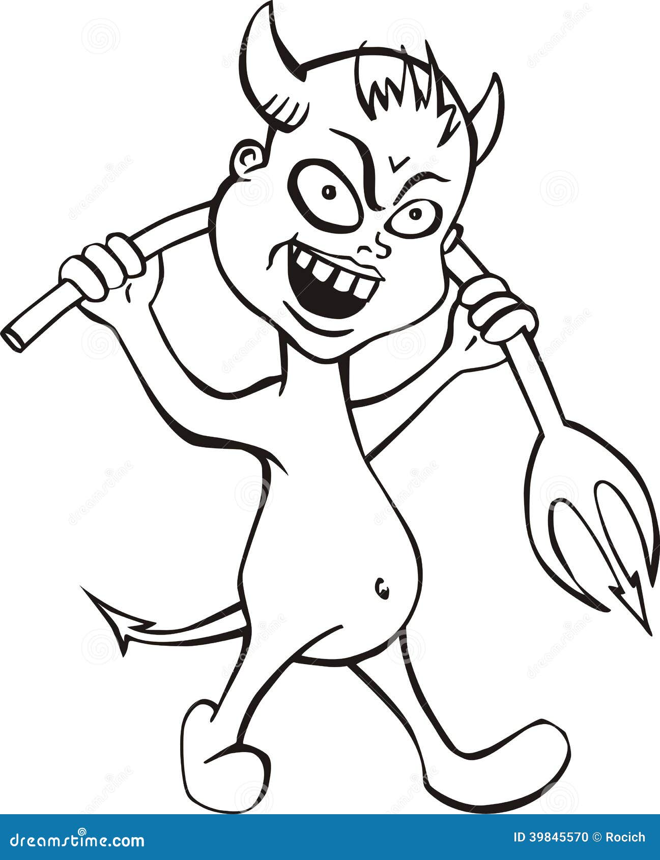 Funny Devil Caricature, Horned Demon Icon With Trident, Stick Figure ...