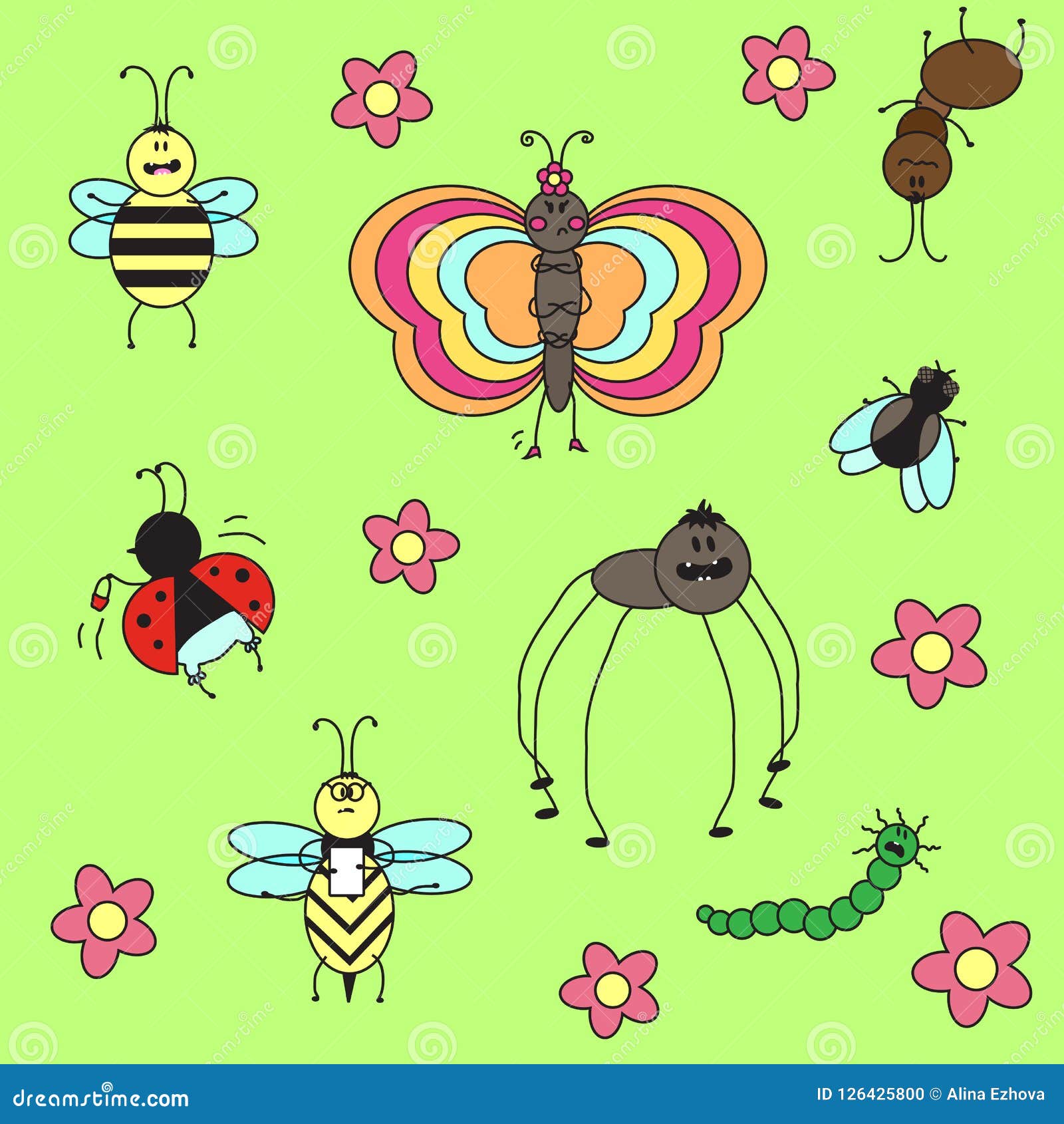 Set Of Different Insects In Cartoon Style. Butterfly And Beetle ...
