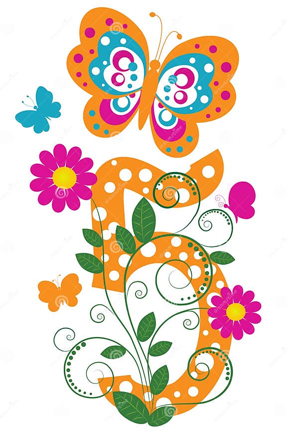 Funny Digit 5 with Butterflies Stock Vector - Illustration of nature ...