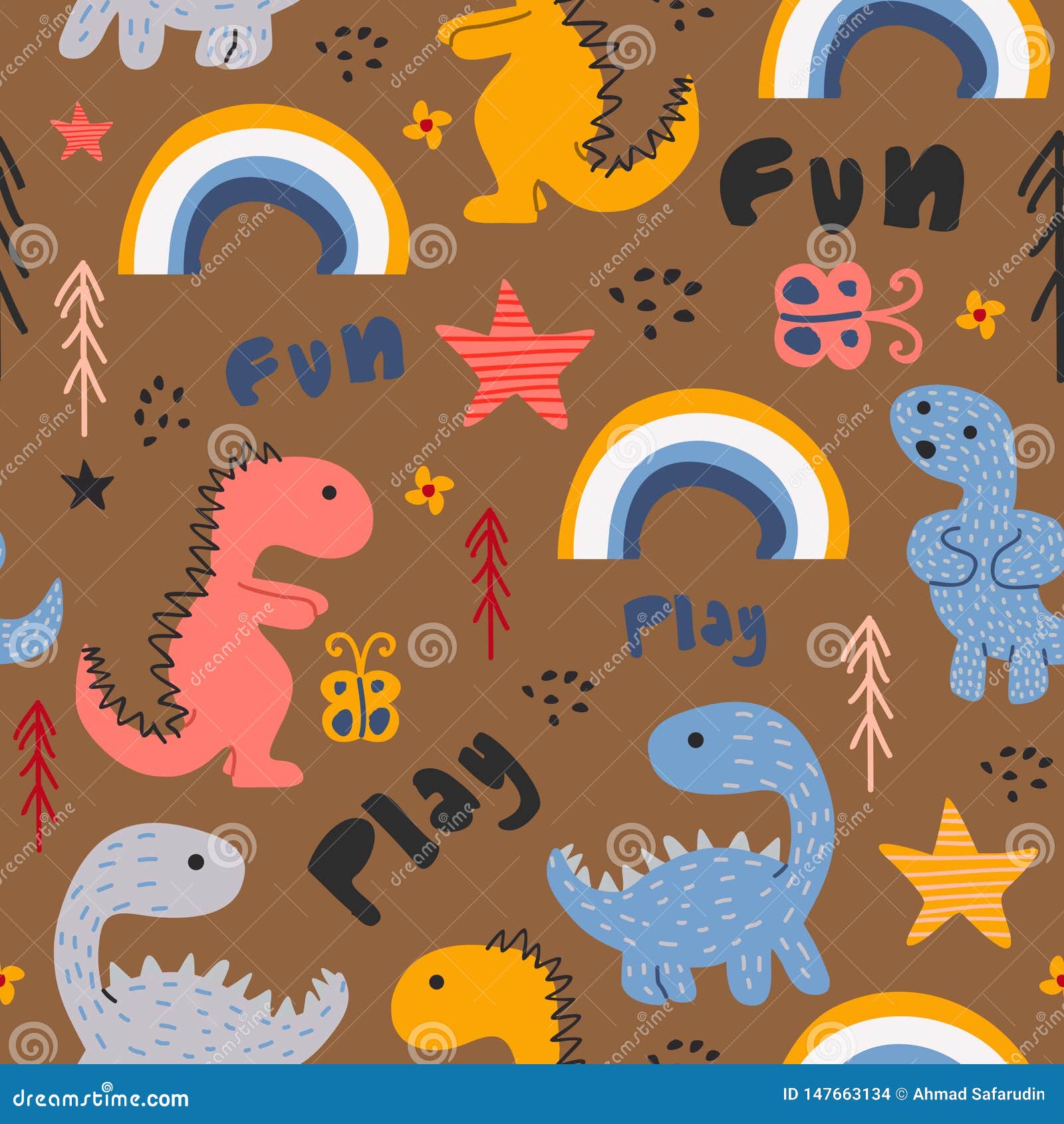 Funny Dinosaur Seamless Pattern Hand Drawn Colorful Background Stock ...