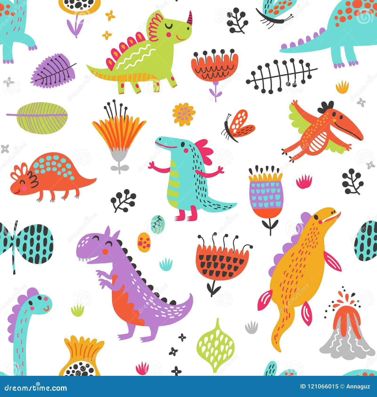 Funny Dinosaurs Cartoon Vector On Volcanoes Background | CartoonDealer ...