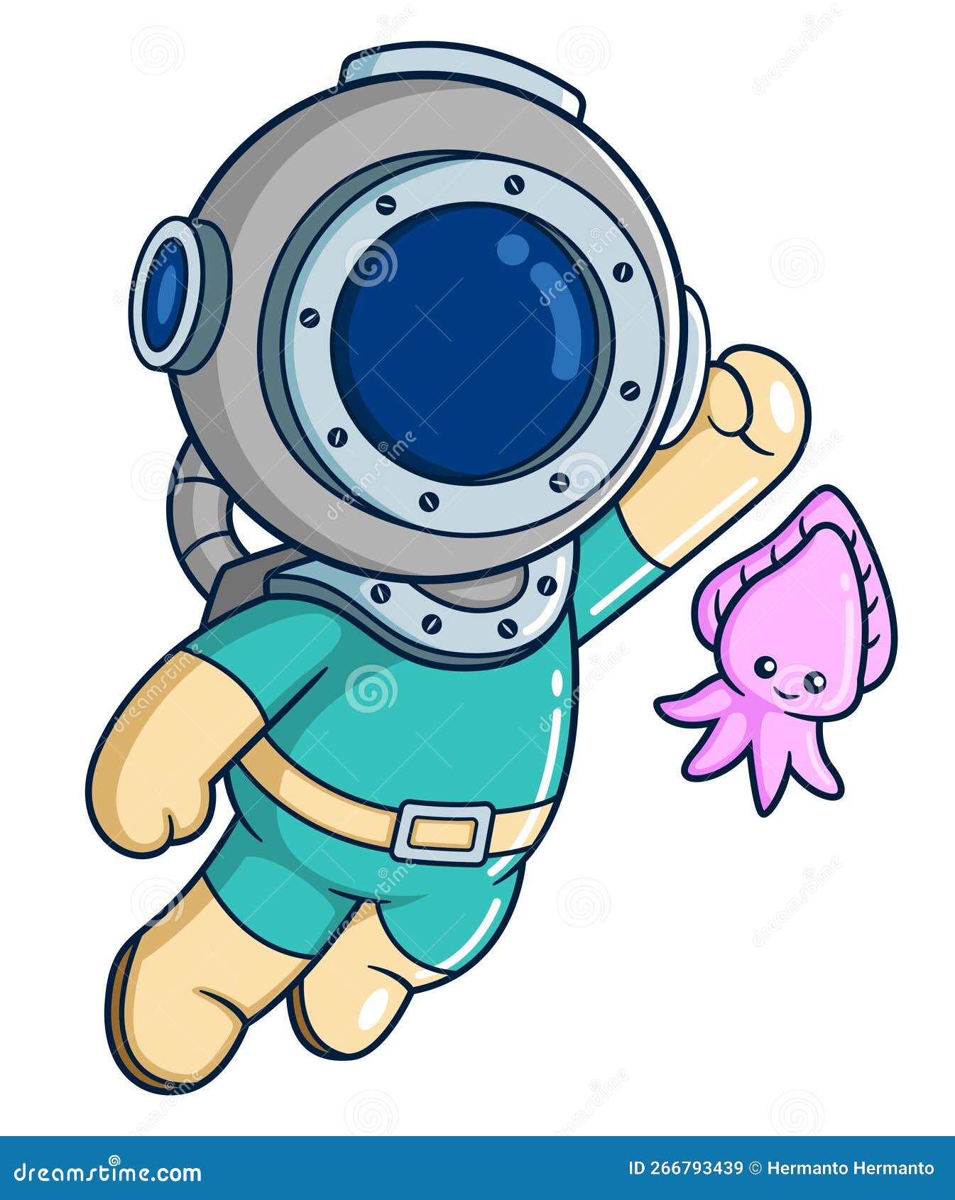 The Funny Diver Competes And Happily Plays With A Cuttlefish Cartoon ...