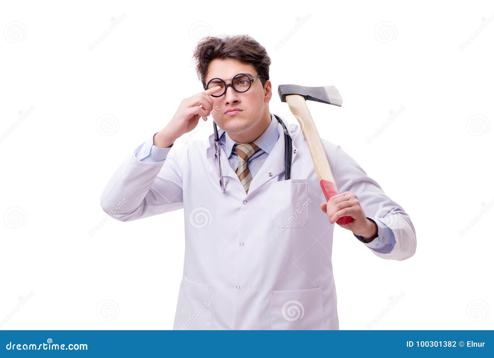 The Funny Doctor with Axe Isolated on White Stock Photo - Image of ...