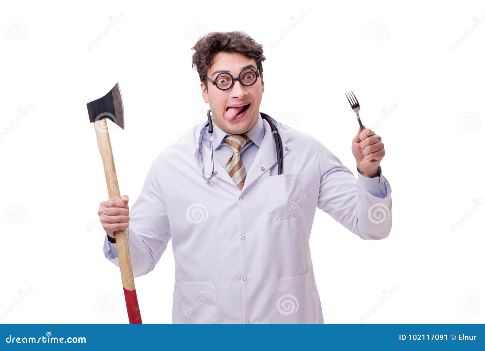 The Funny Doctor with Axe Isolated on White Stock Image - Image of ...