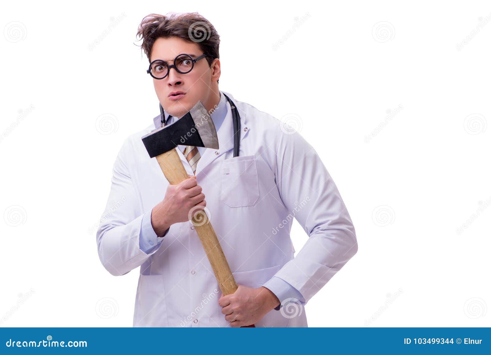 The Funny Doctor with Axe Isolated on White Stock Photo - Image of ...