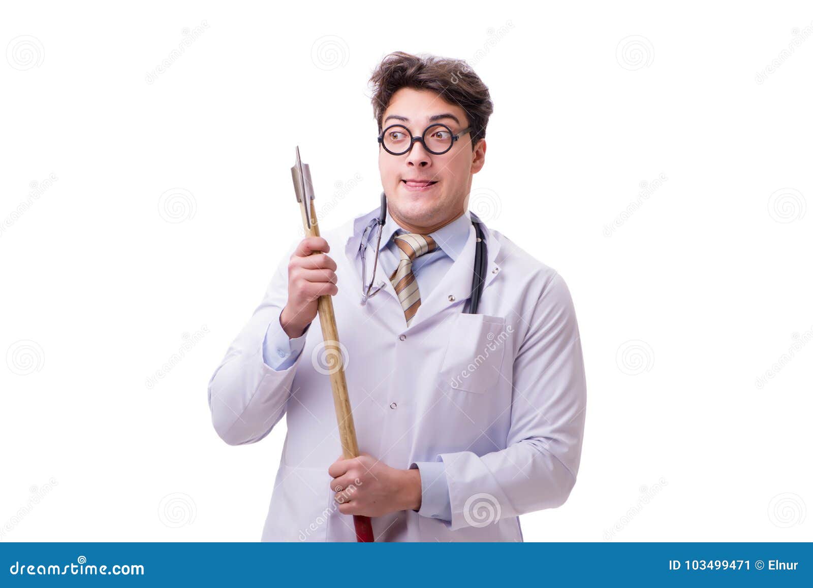 The Funny Doctor with Axe Isolated on White Stock Image - Image of ...