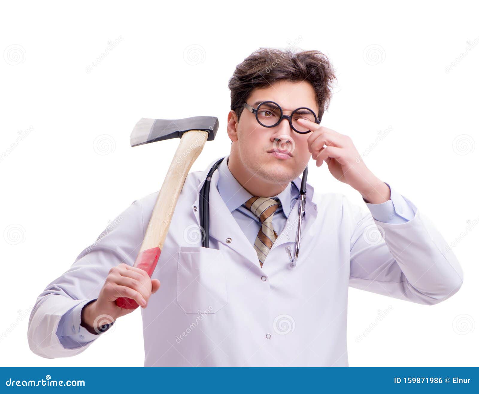 Funny Doctor with Axe Isolated on White Stock Photo - Image of bloody ...
